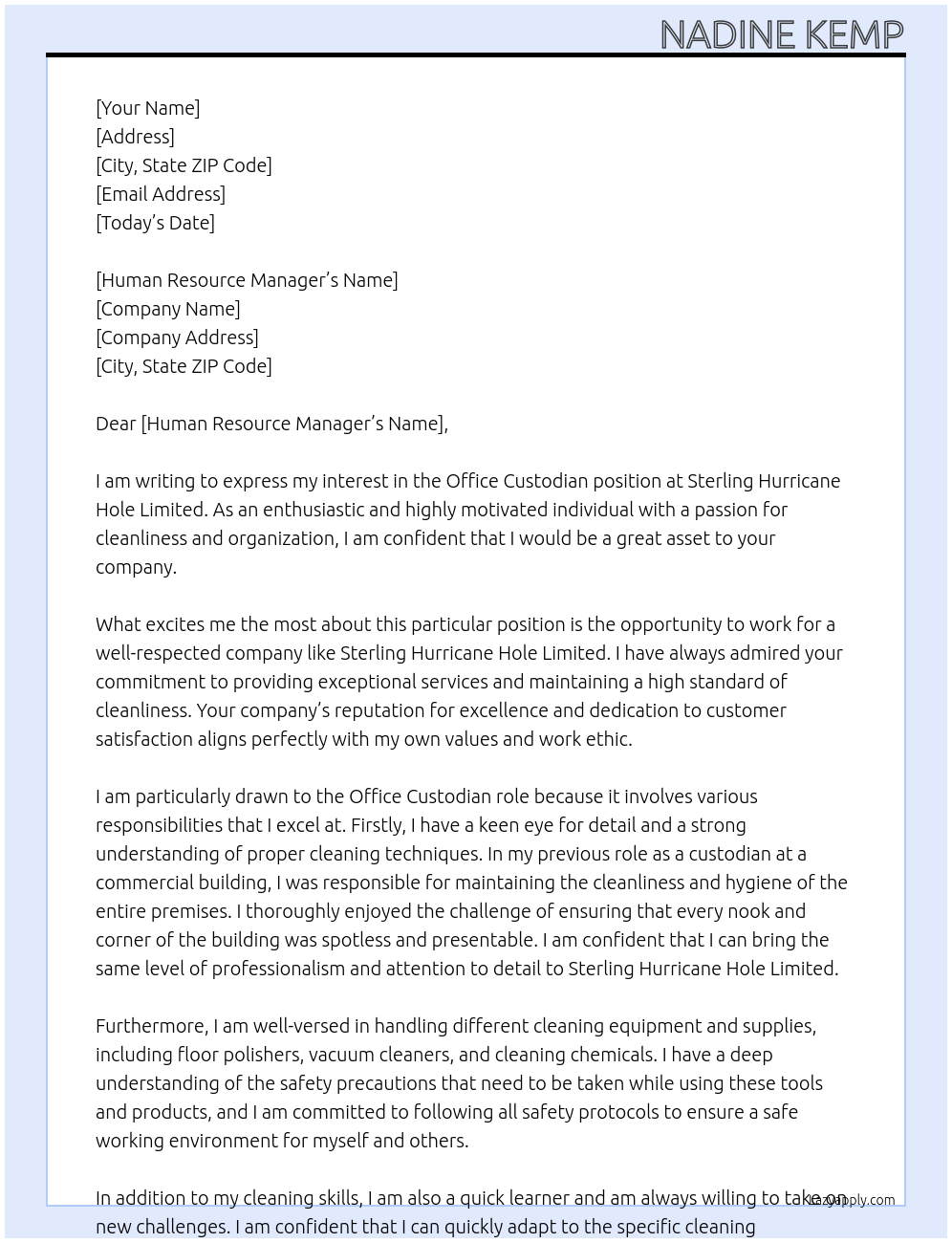 Cover letter for office custodian - LazyApply