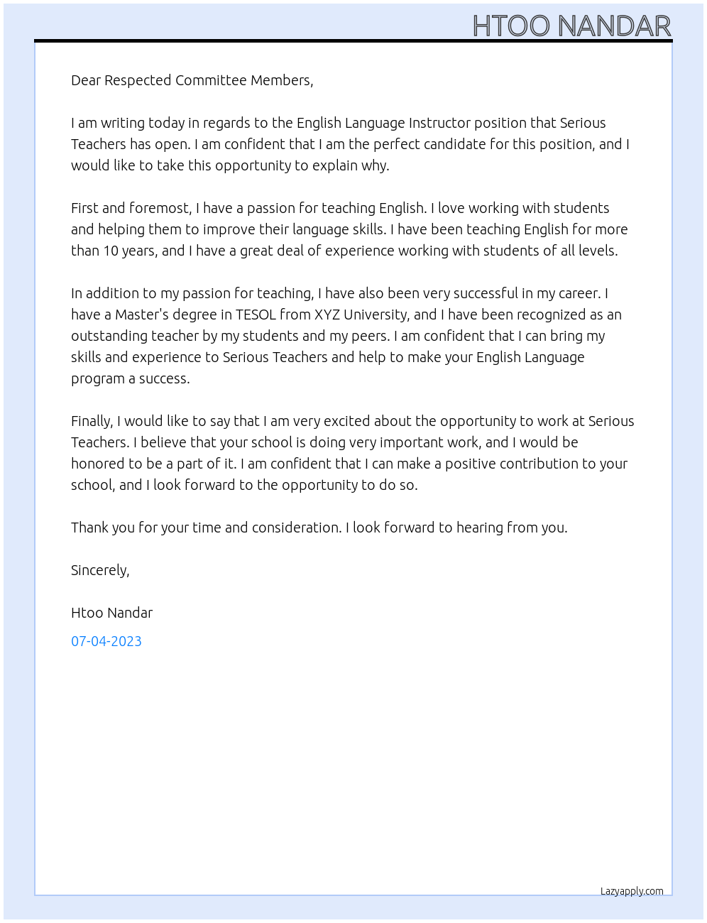 Cover letter for english language instructor - LazyApply