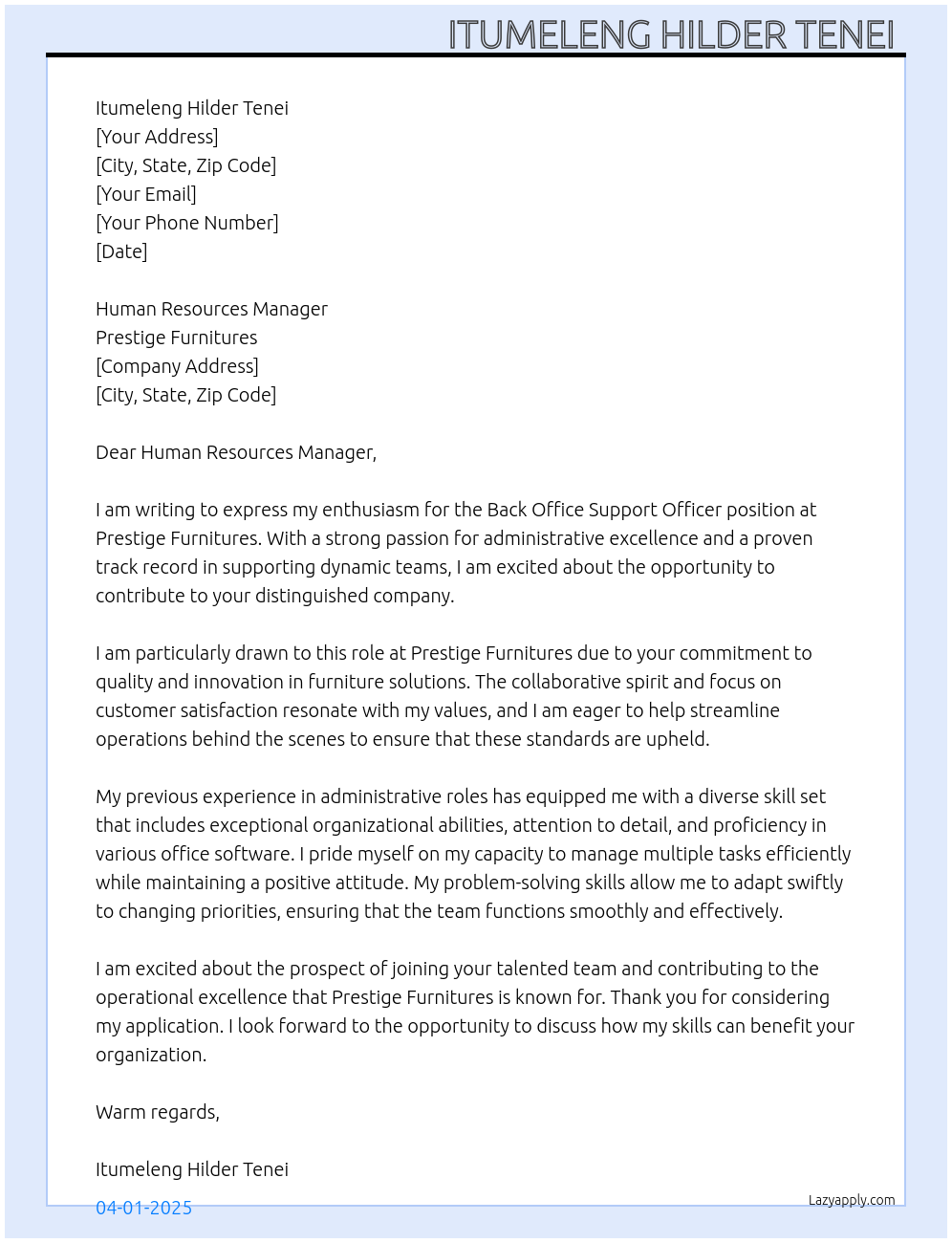 Cover letter for back office support officer - LazyApply