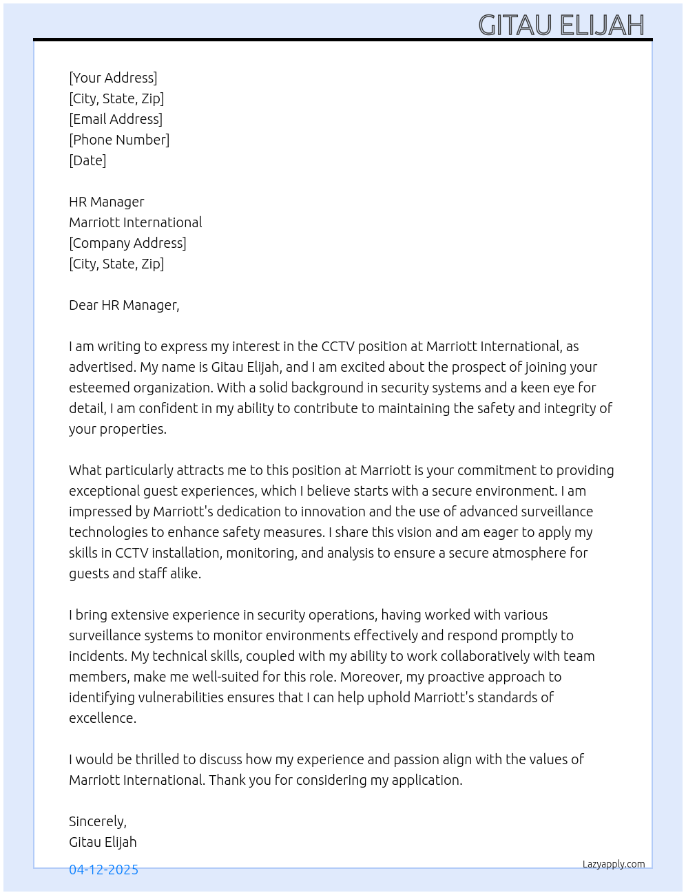 Cover letter for cctv - LazyApply