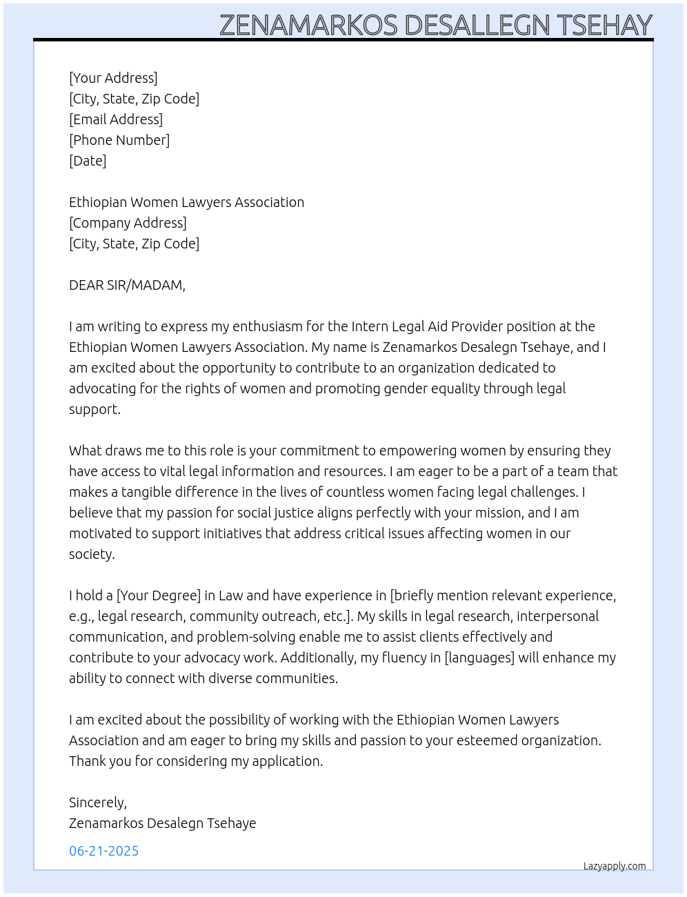 Cover letter for intern legal aid provider - LazyApply