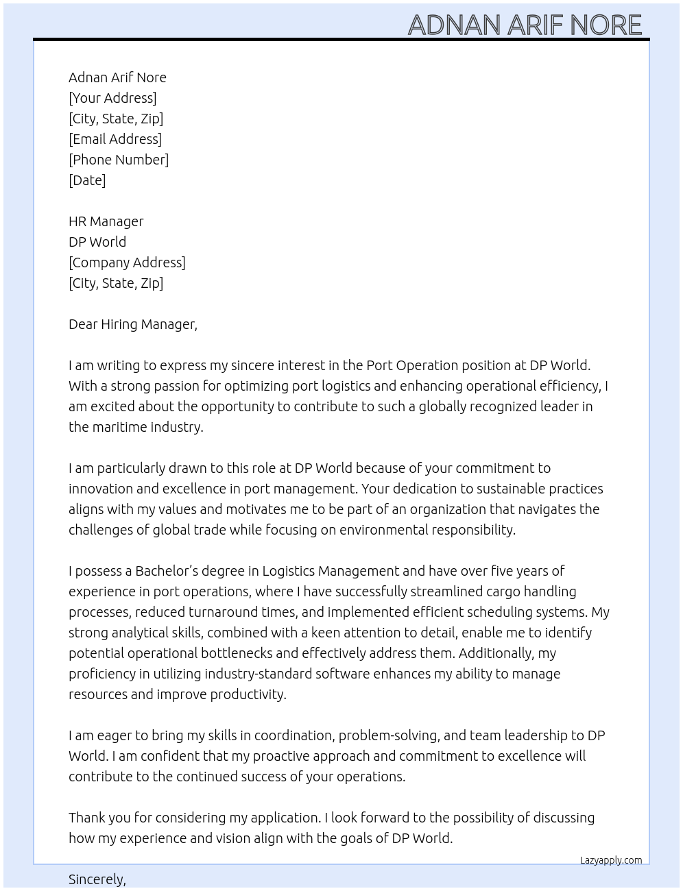 Cover letter for port operation - LazyApply