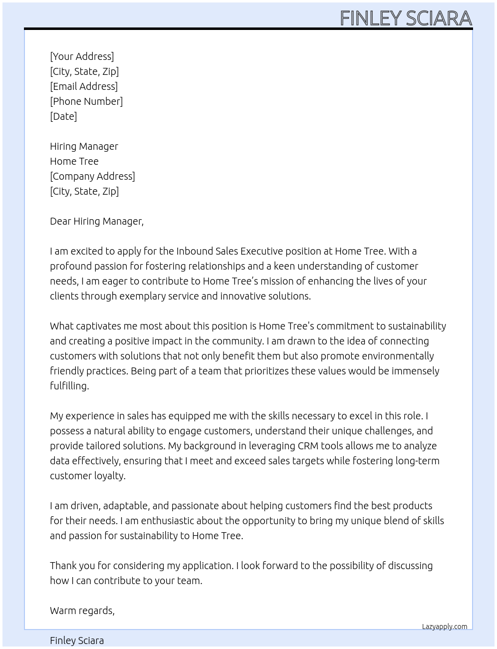 Cover letter for inbound sales exceutive - LazyApply
