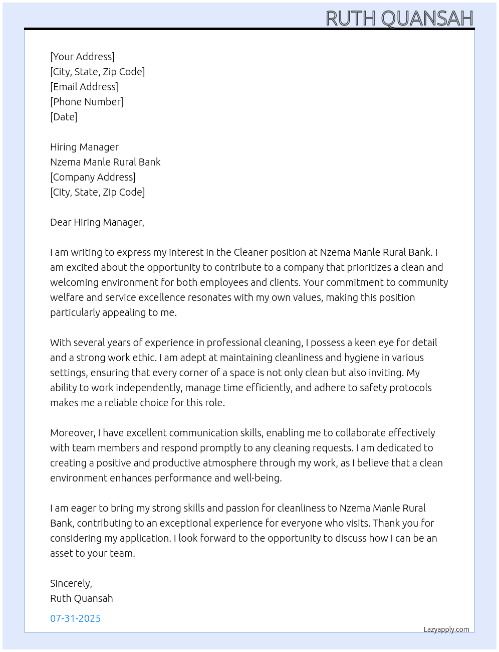 Cover letter for cleaner - LazyApply