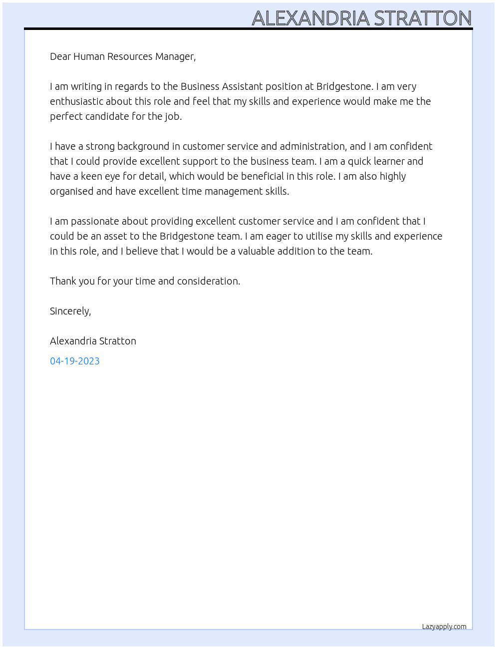 Cover letter for business assistant - LazyApply