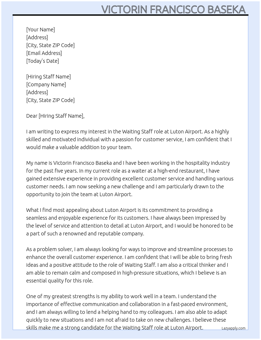 Cover letter for waiting staff - LazyApply