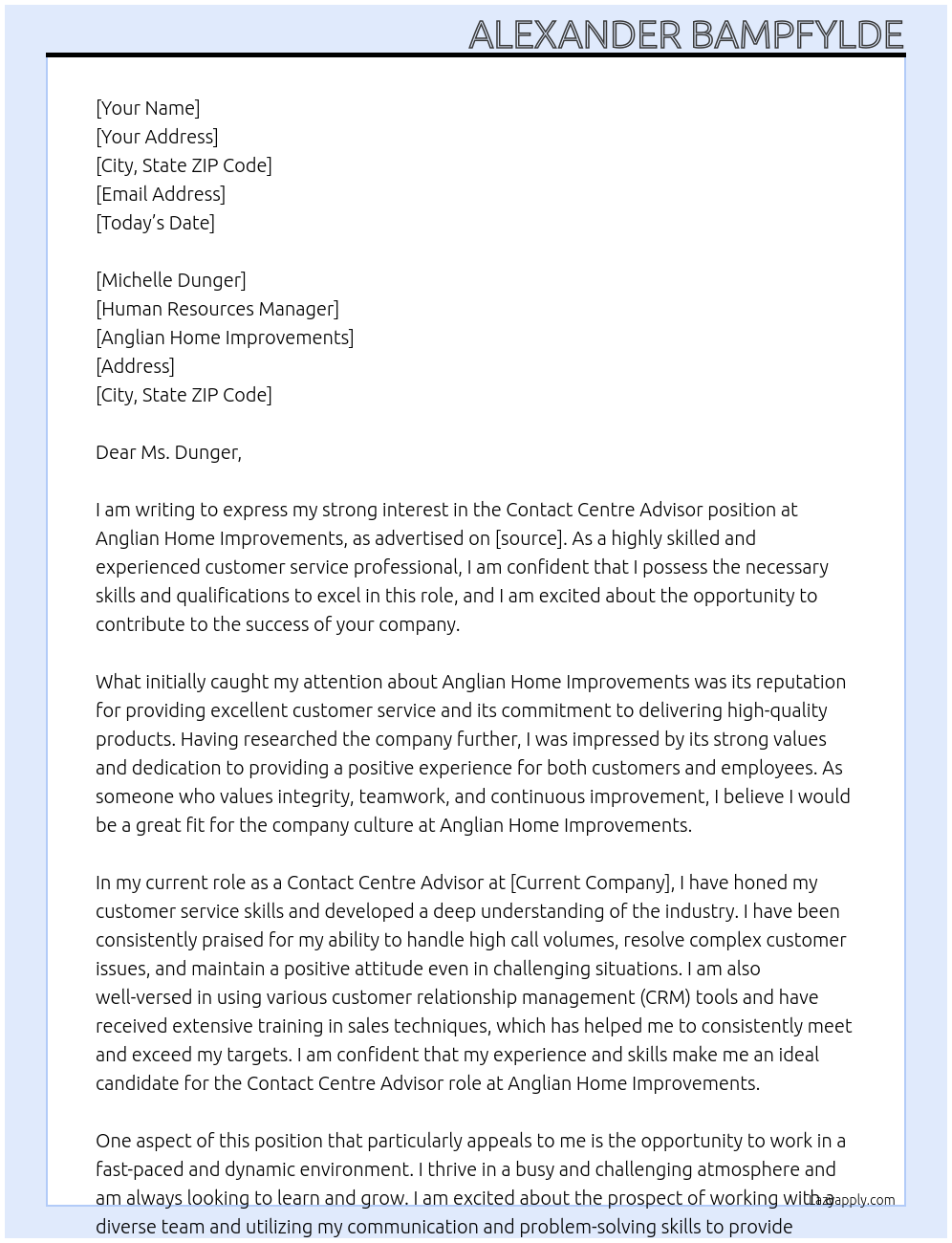 Cover letter for contact centre advisor - LazyApply