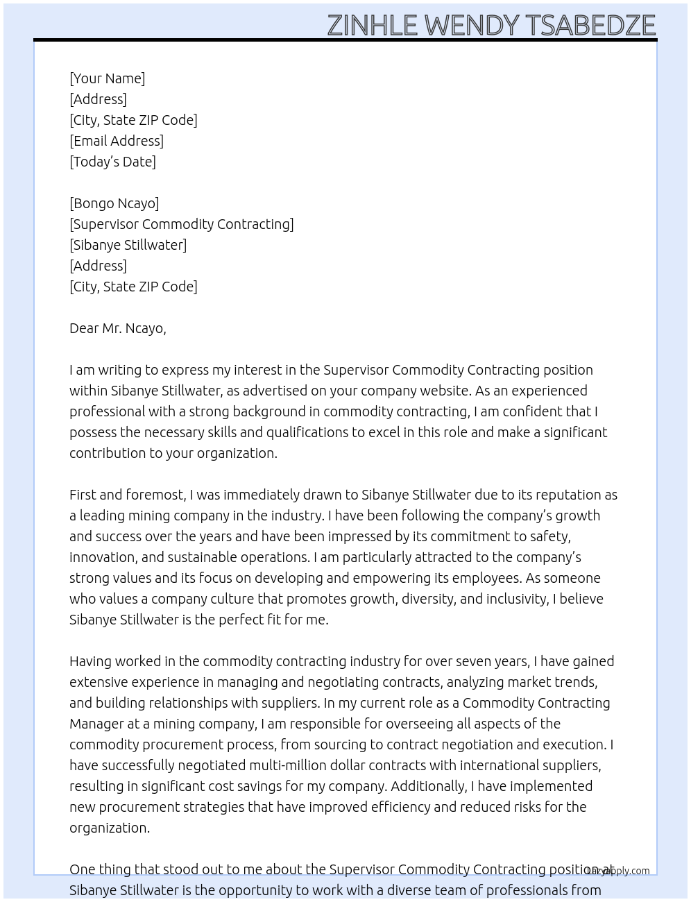 Cover letter for supervisor commodity contracting - LazyApply