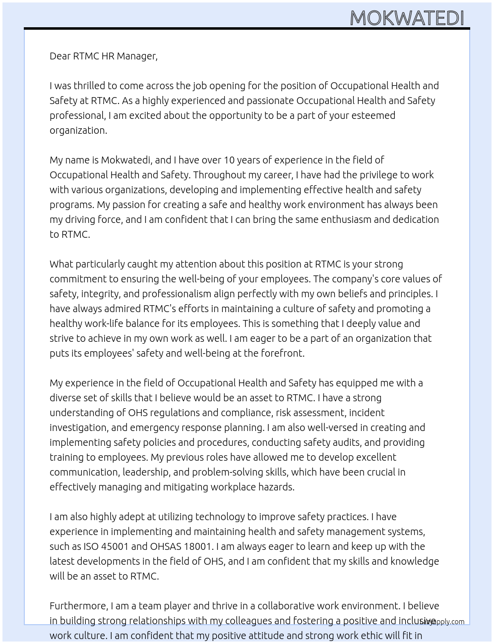 Cover letter for occupational health and safety - LazyApply