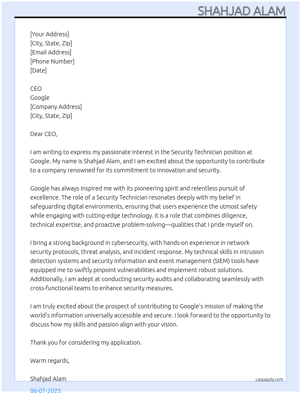 Cover letter for security technician - LazyApply