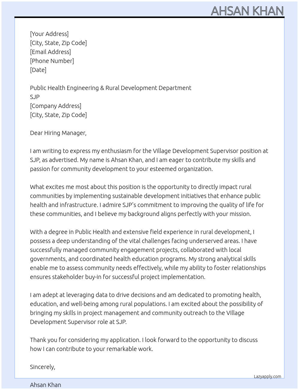 Cover letter for village development supervisor - LazyApply