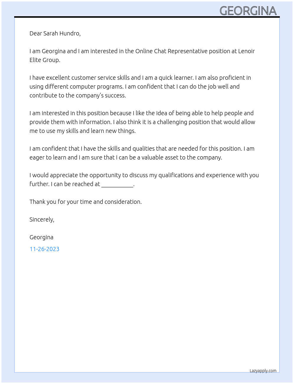 Cover letter for online chat representative - LazyApply