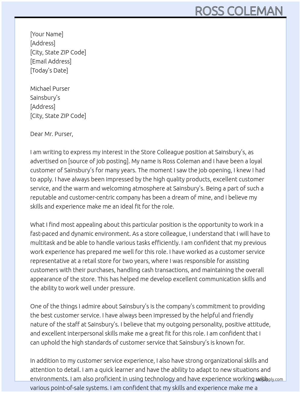 Cover letter for store colleague - LazyApply