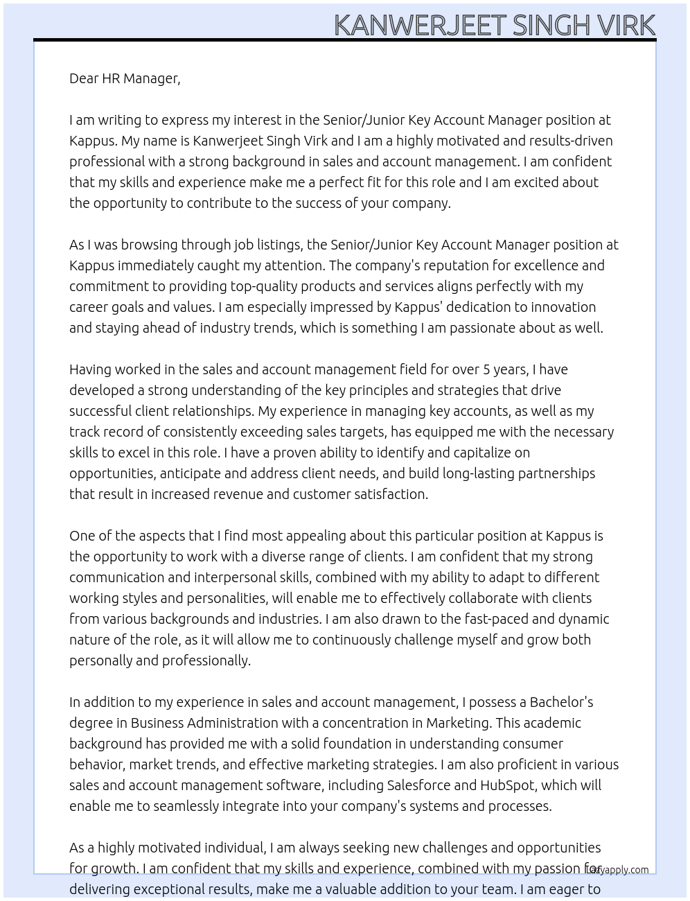 Cover letter for senior/junior key account manager - LazyApply