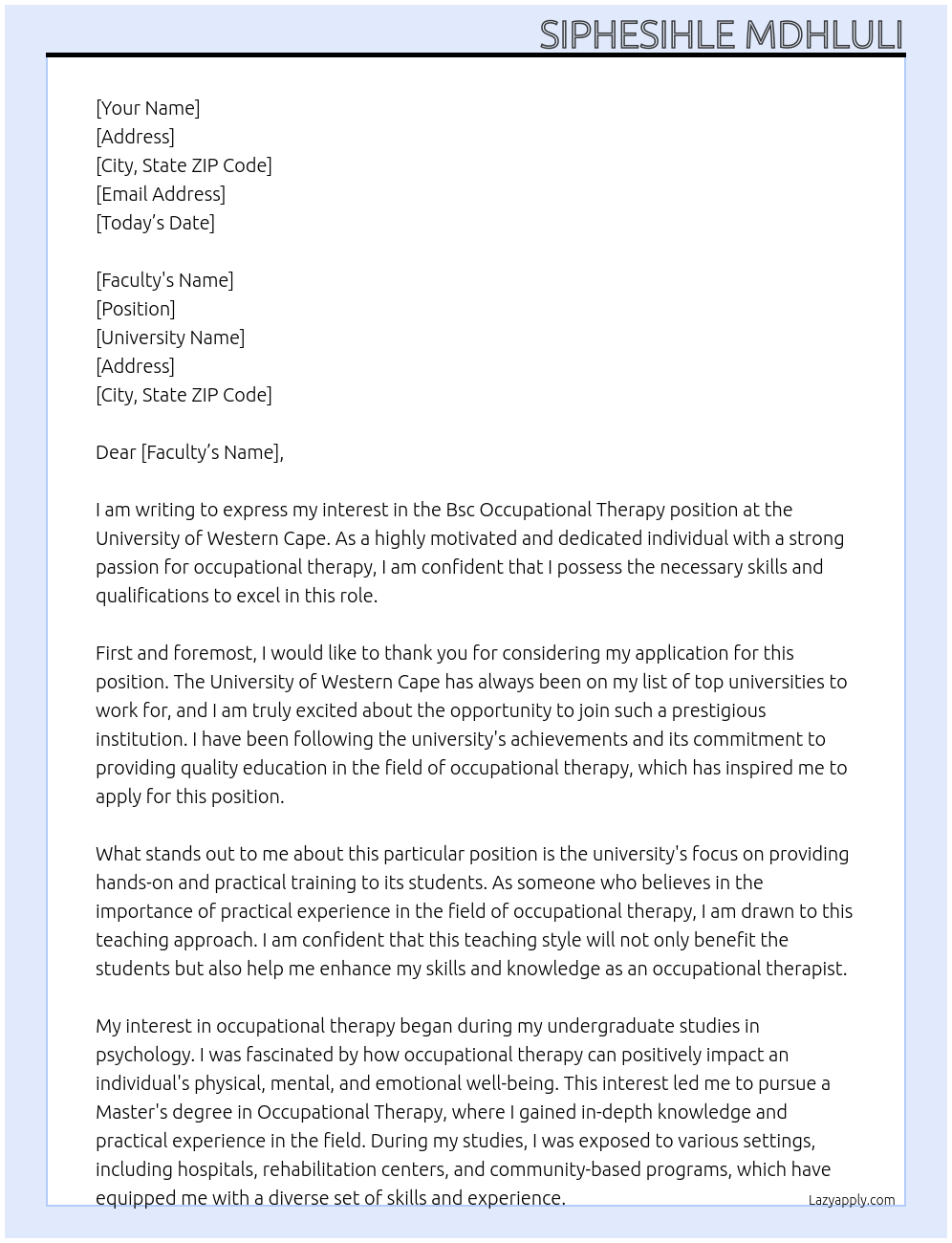 Cover letter for bsc occupational therapy - LazyApply