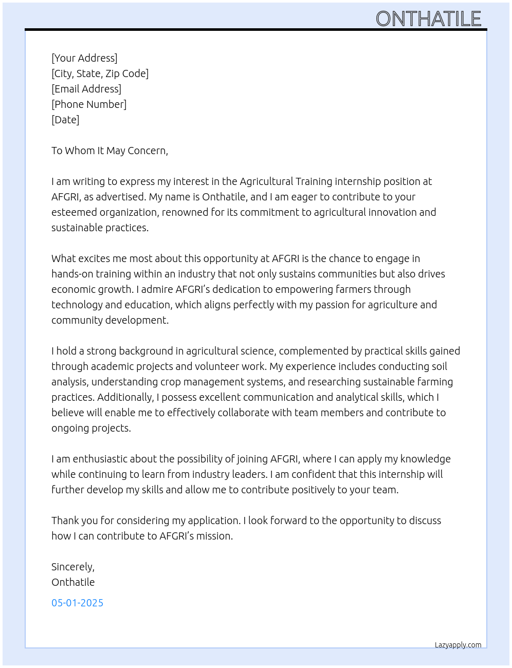 Cover letter for agricultural training - LazyApply