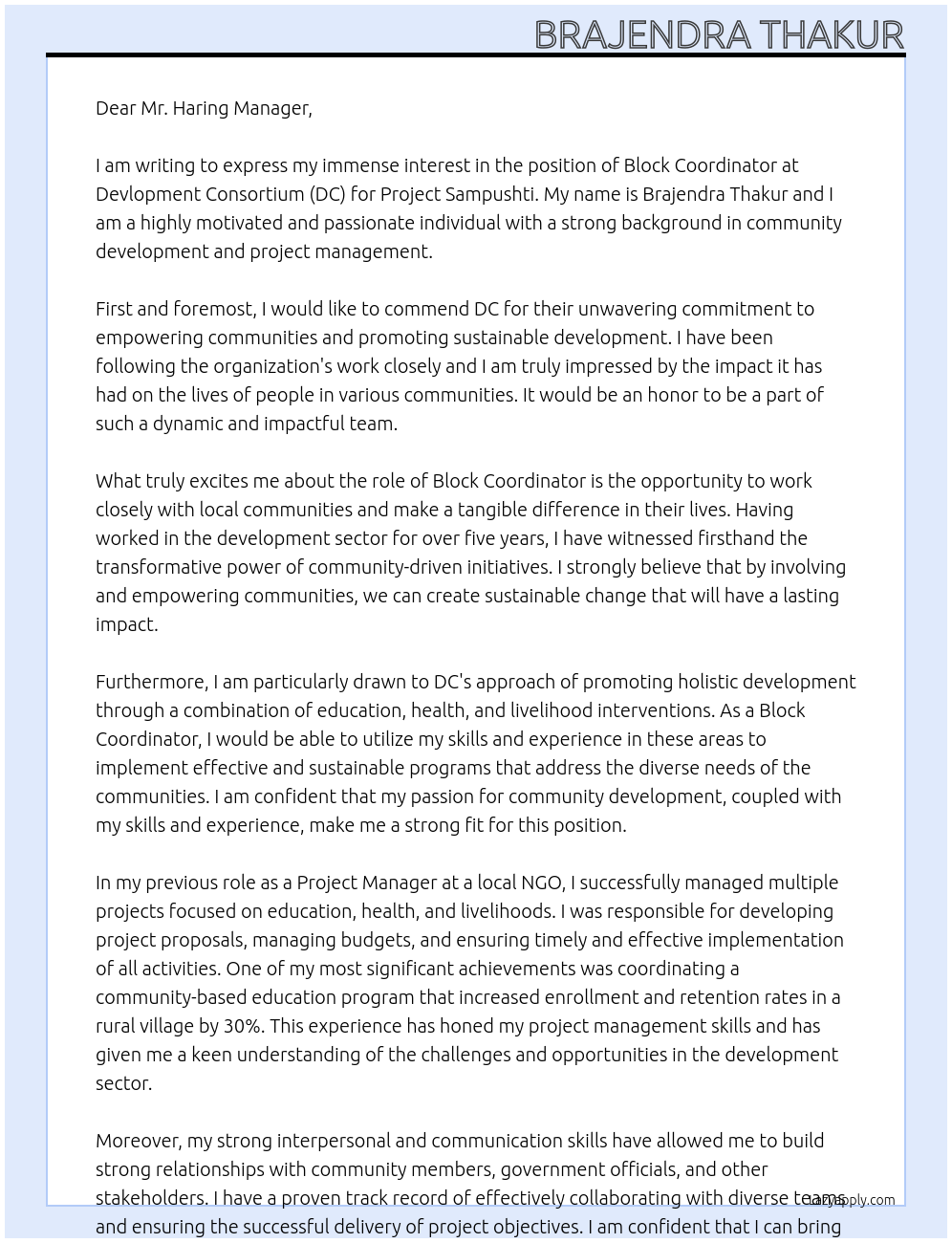 Cover letter for block coordinator - LazyApply