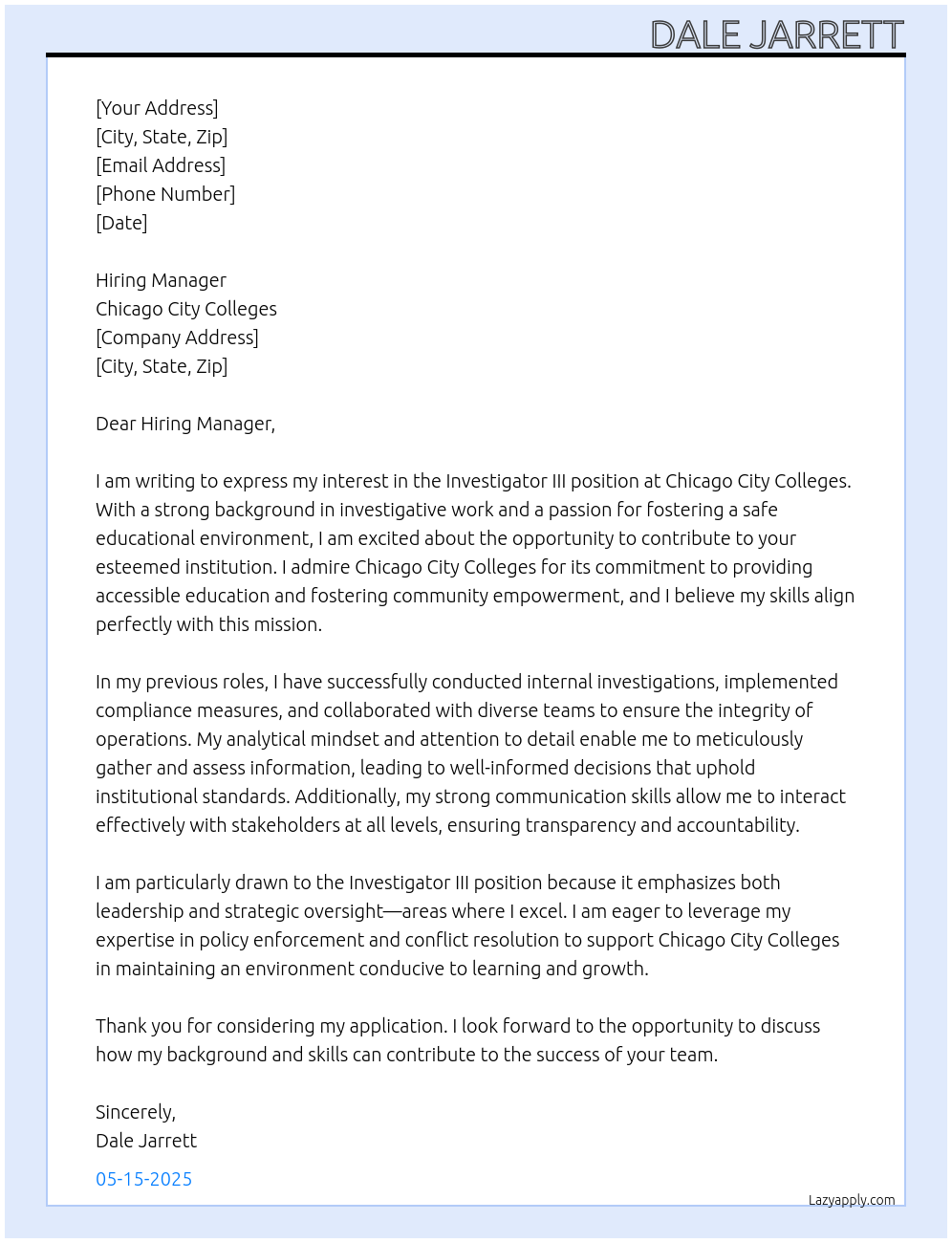 Cover letter for investigator iii - LazyApply