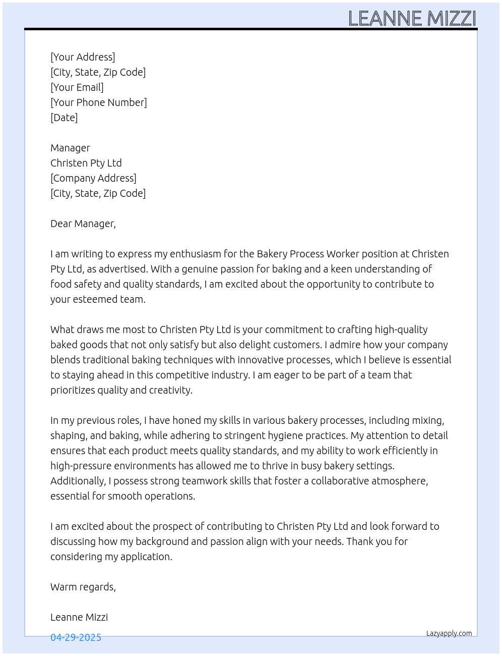 Cover letter for bakery process worker - LazyApply