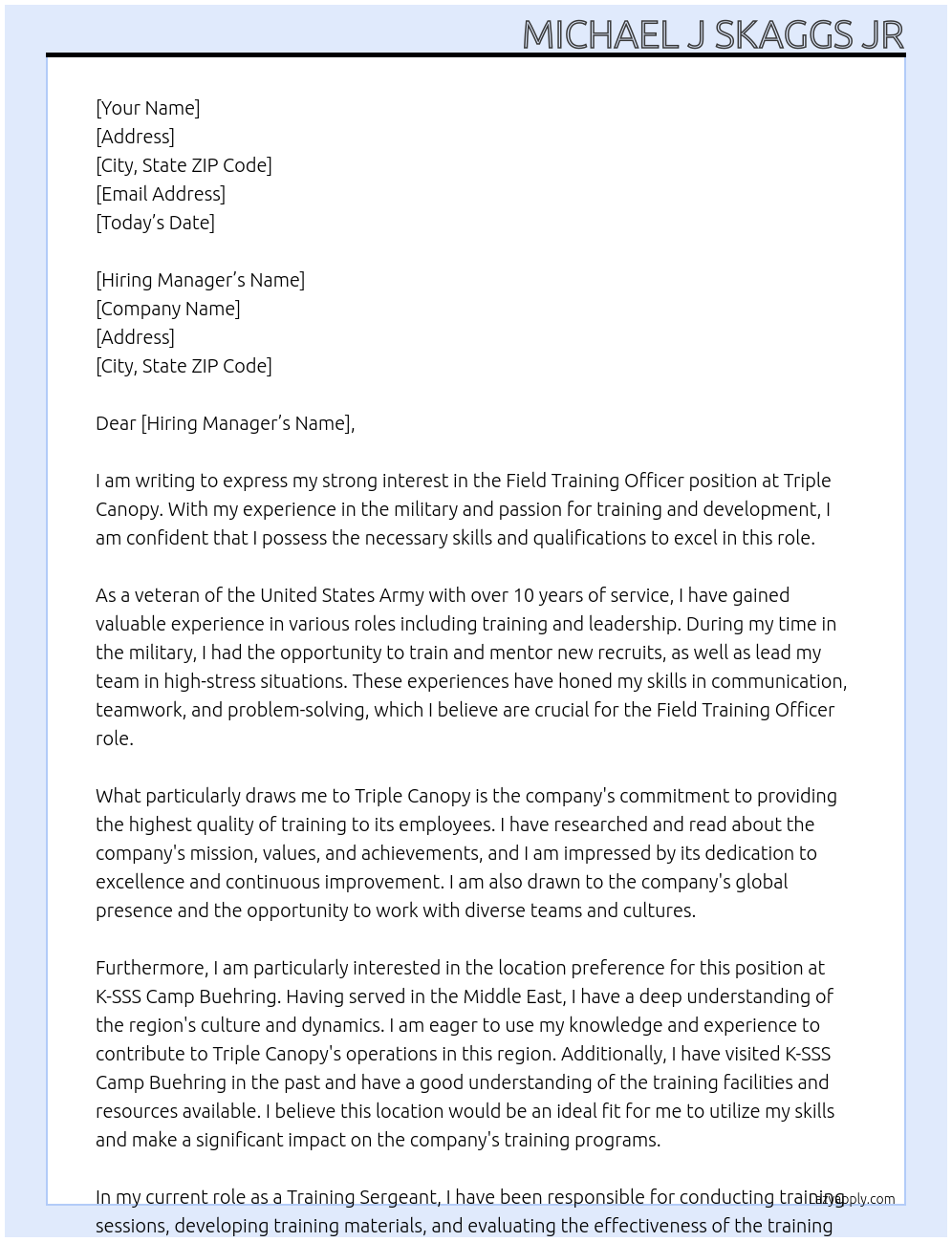 Cover letter for field training officer - LazyApply