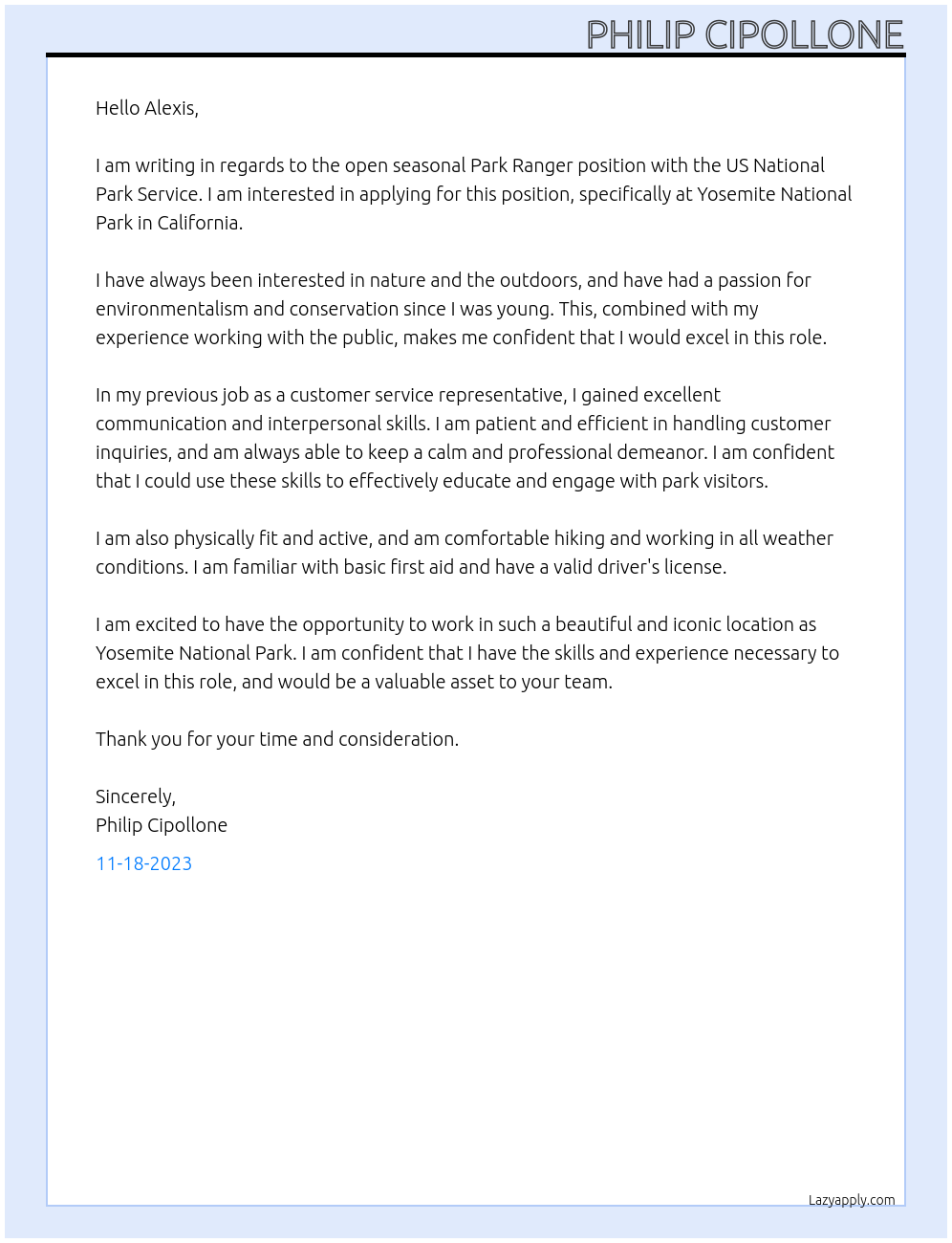 Cover letter for park ranger - LazyApply