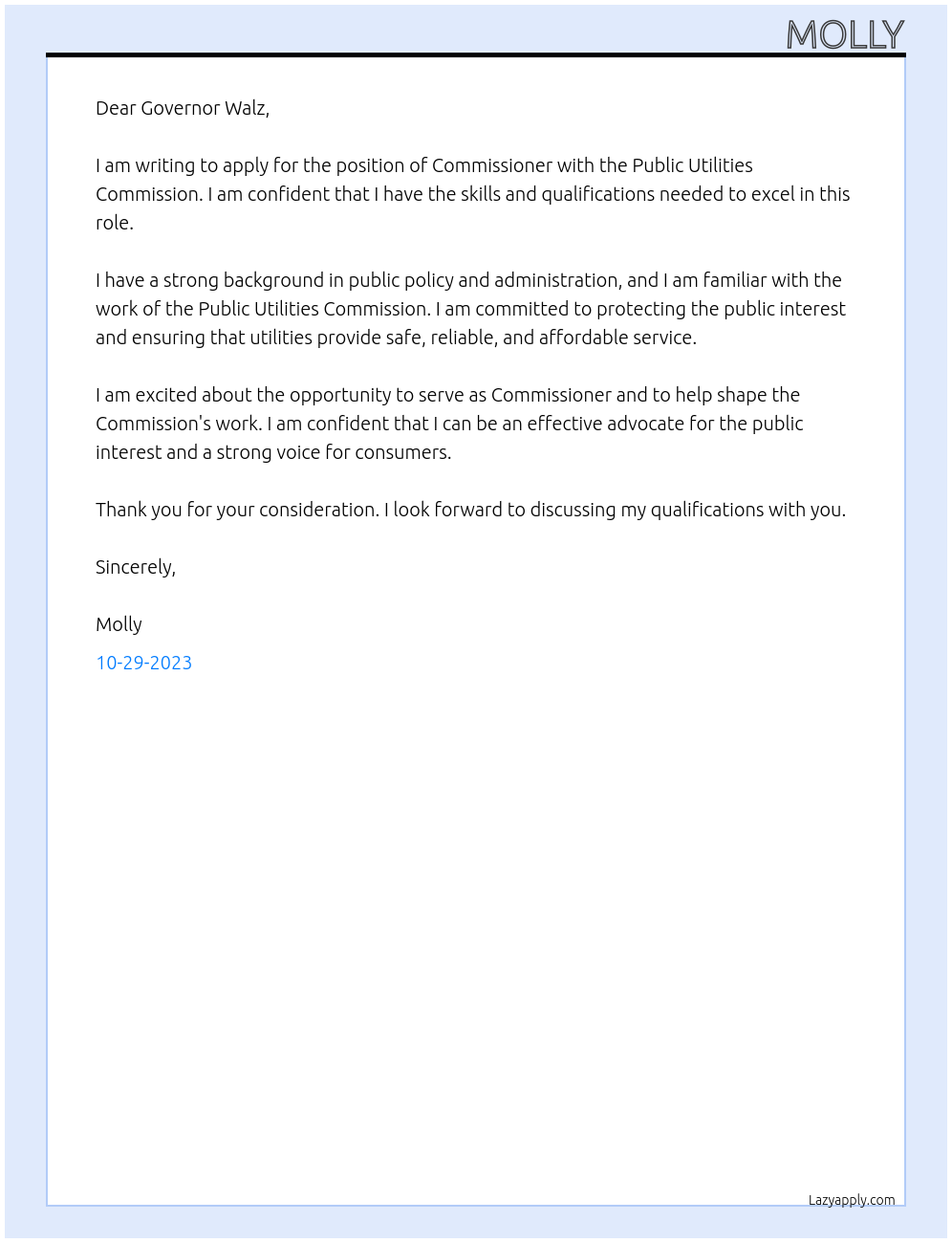 Cover letter for commissioner - LazyApply