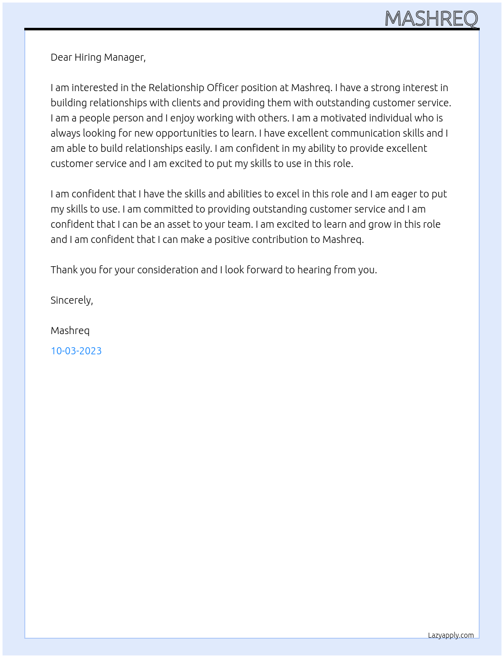 Cover letter for relationship officer - LazyApply