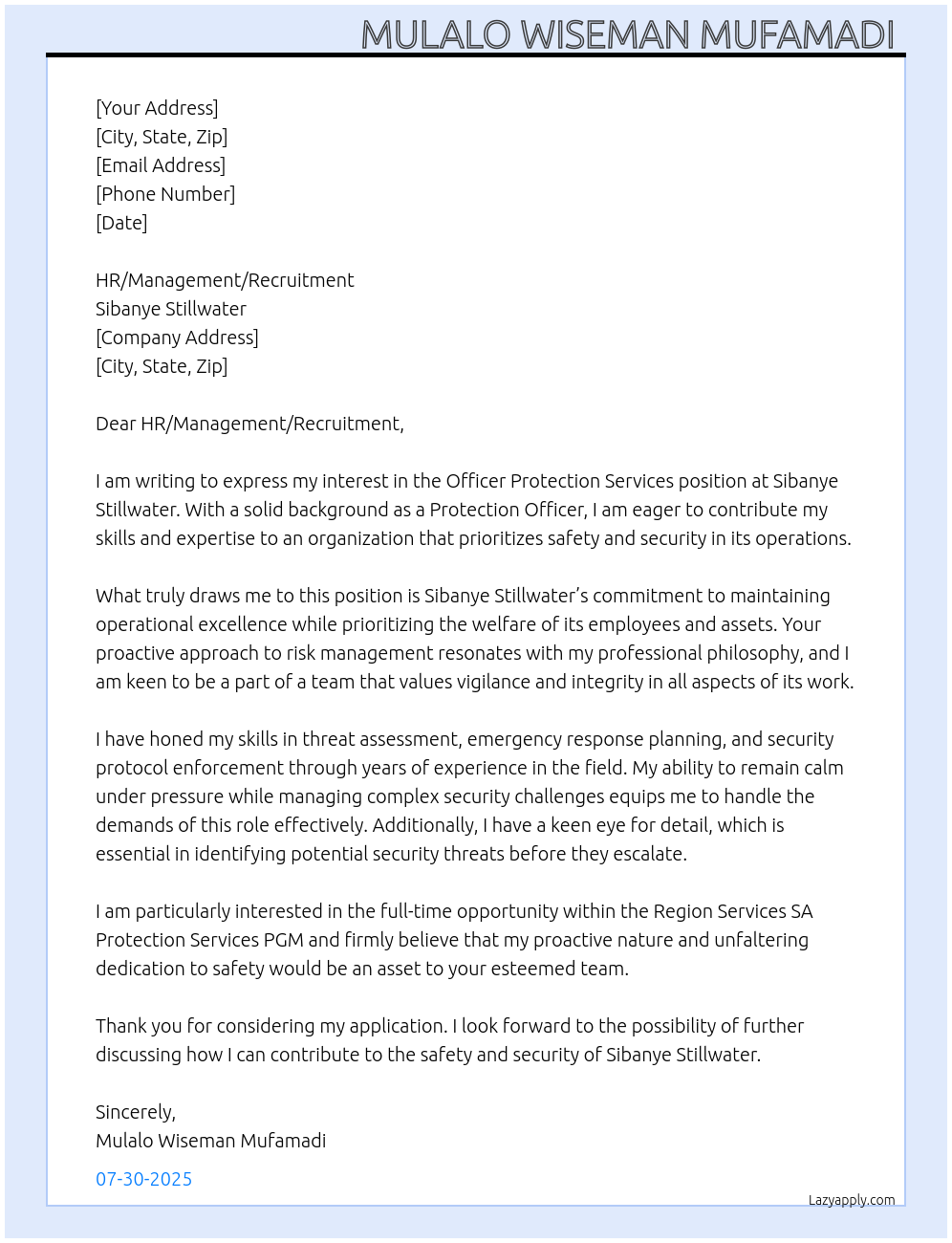 Cover letter for officer protection services - LazyApply