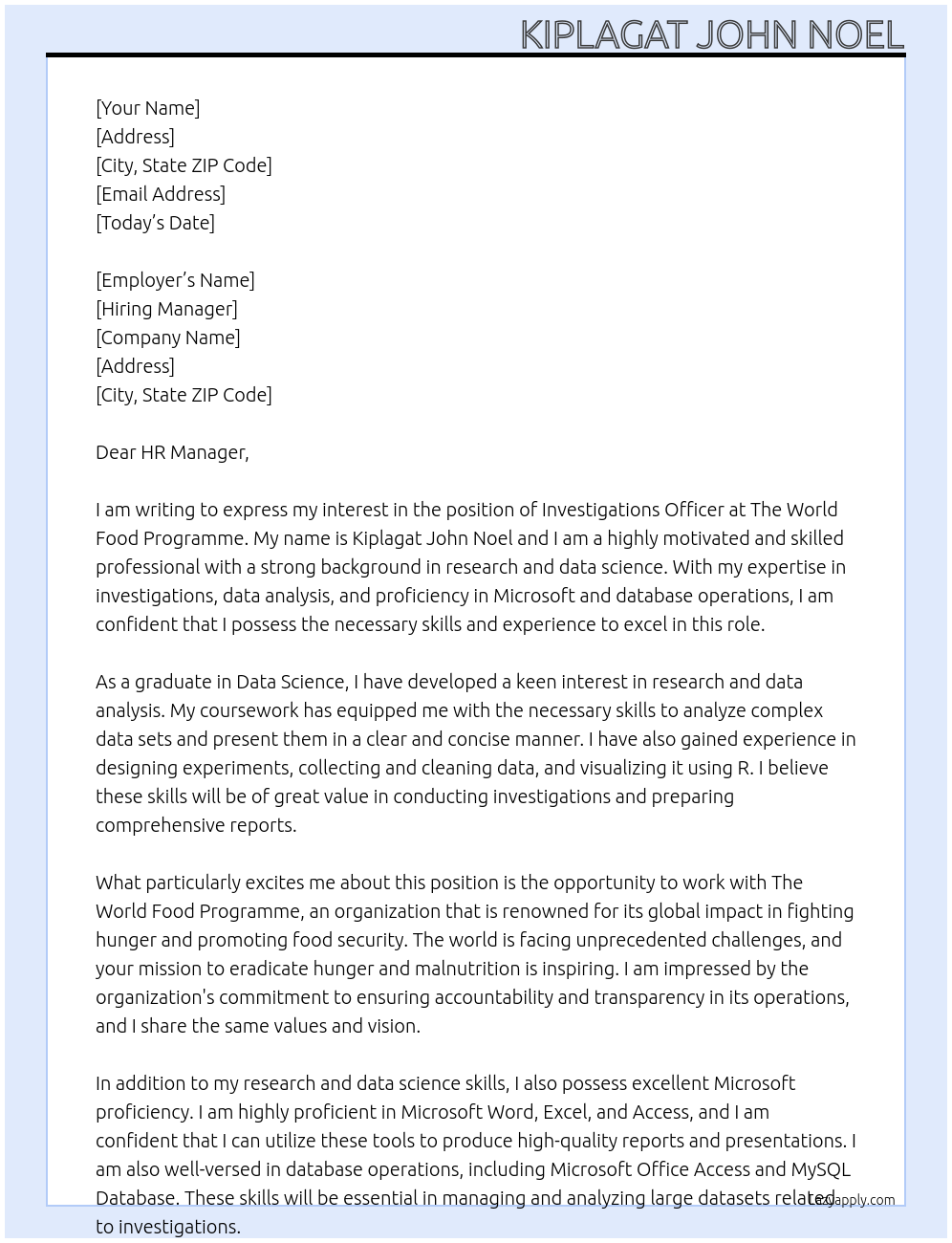 Cover letter for investigations officer - LazyApply