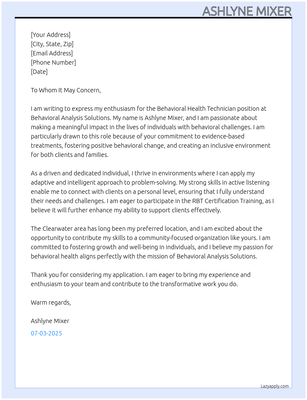 Cover letter for behavioral health technician - LazyApply