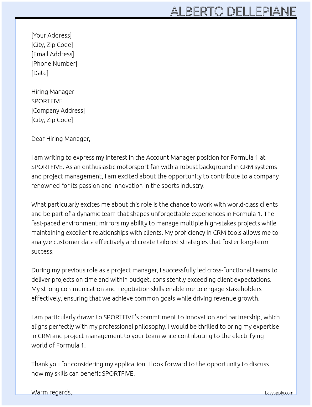 Cover letter for account manager formula 1 - LazyApply
