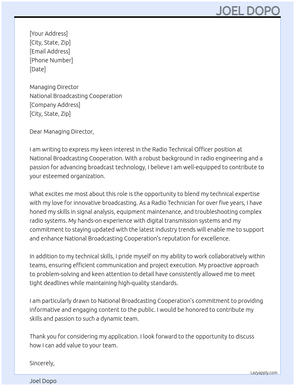 Cover letter for radio technical officer - LazyApply