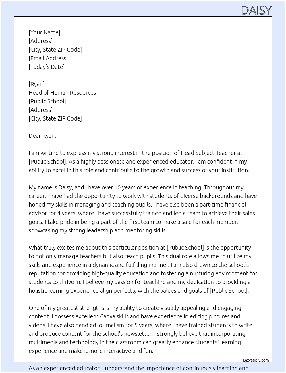 Cover letter for head subject teacher - LazyApply