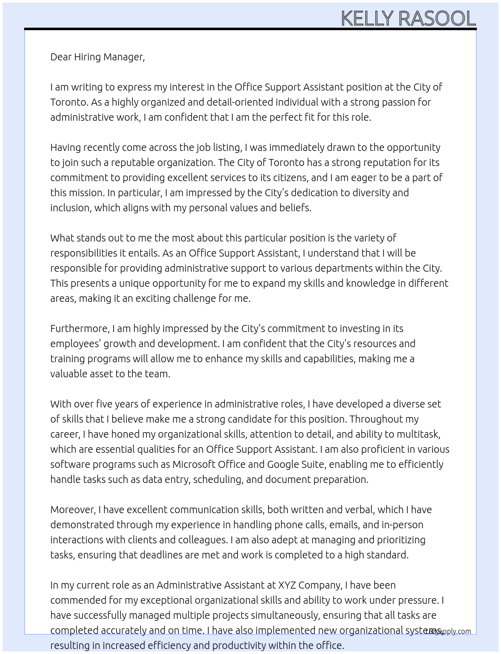 Cover letter for office support assistant - LazyApply