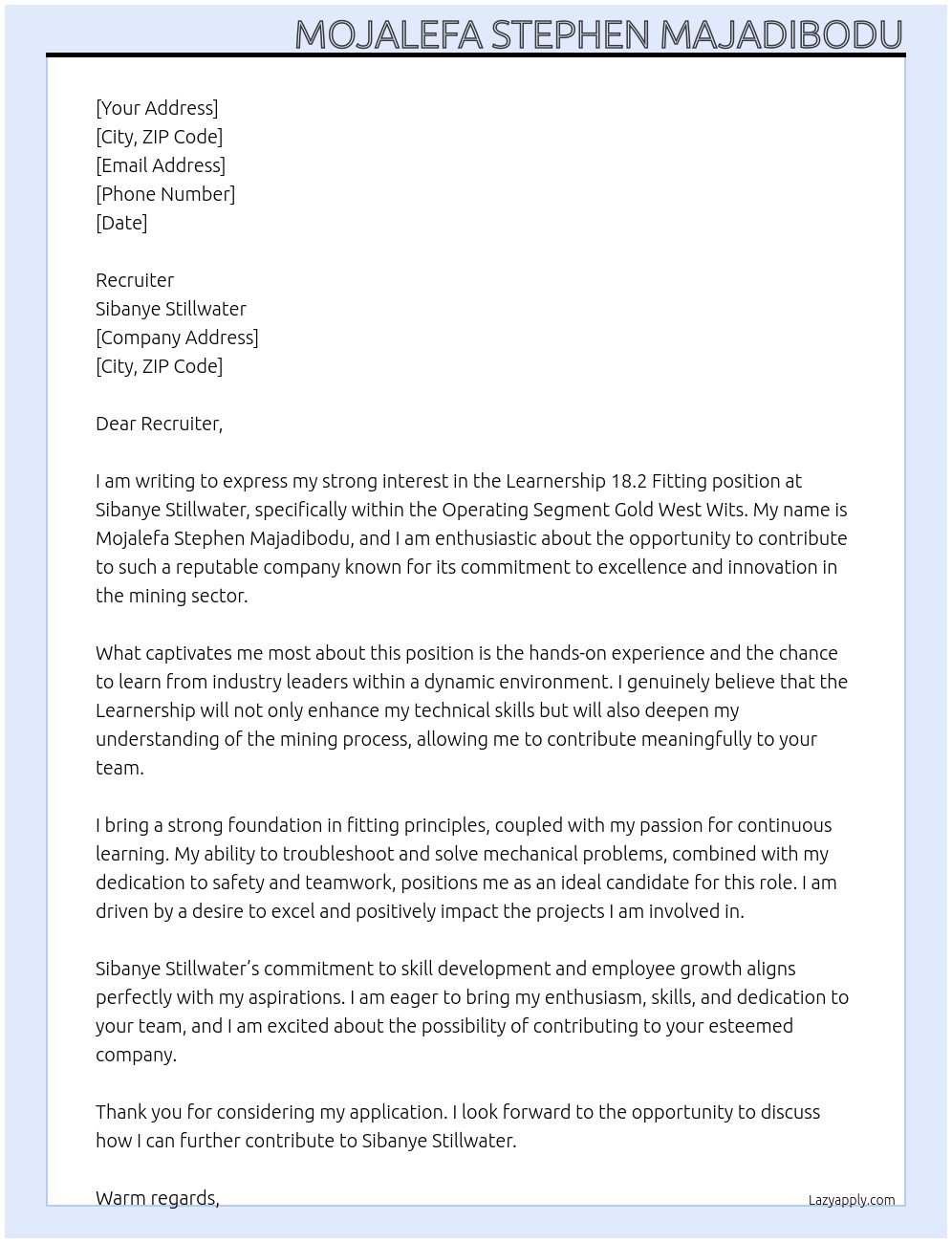 Cover letter for learnership 18.2 fitting - LazyApply