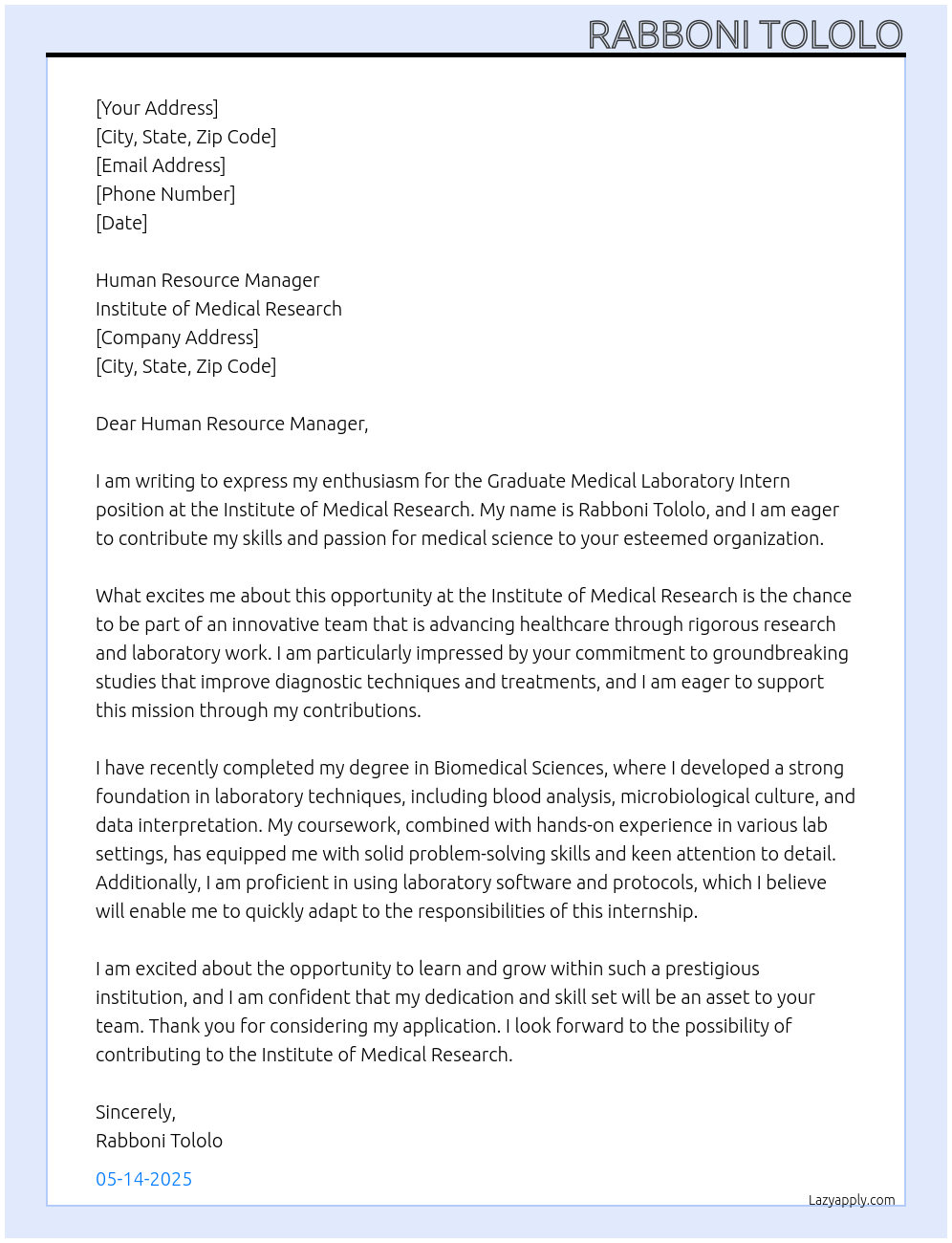 Cover letter for graduate medical laboratory intern - LazyApply