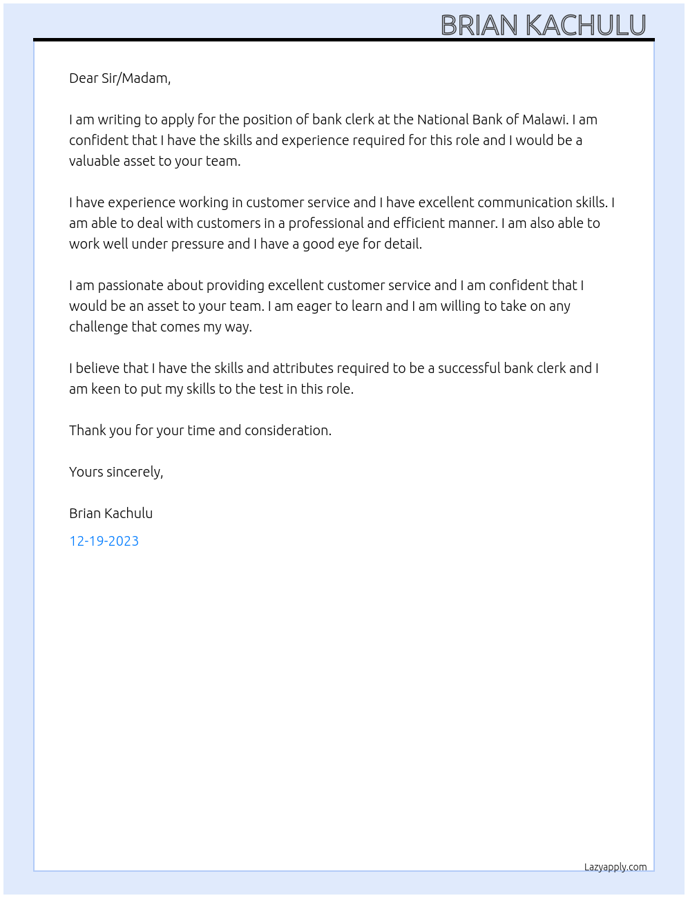 Cover letter for bank clerk - LazyApply