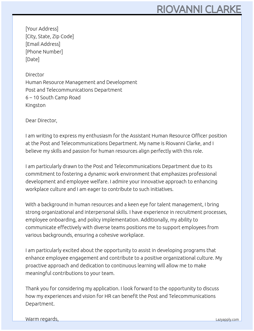Cover letter for assistant human resource officer - LazyApply