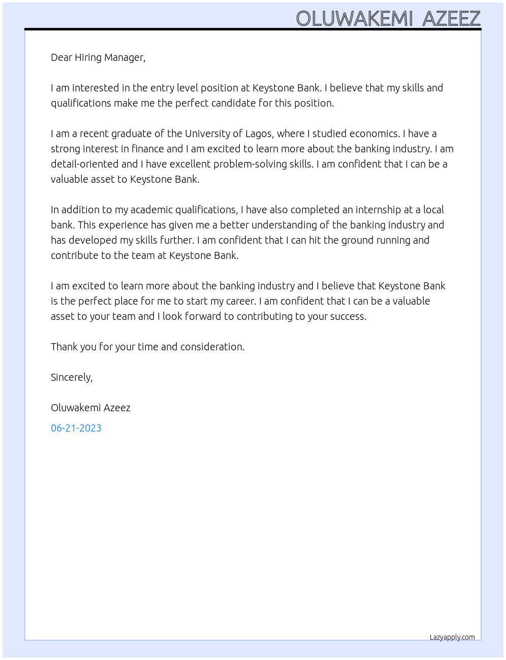 Cover letter for entry level position - LazyApply