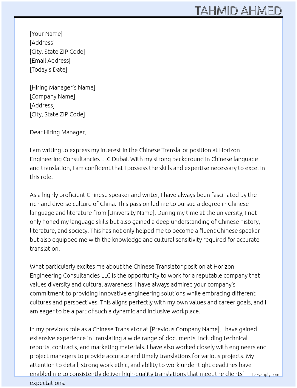 Cover letter for chinese translator - LazyApply