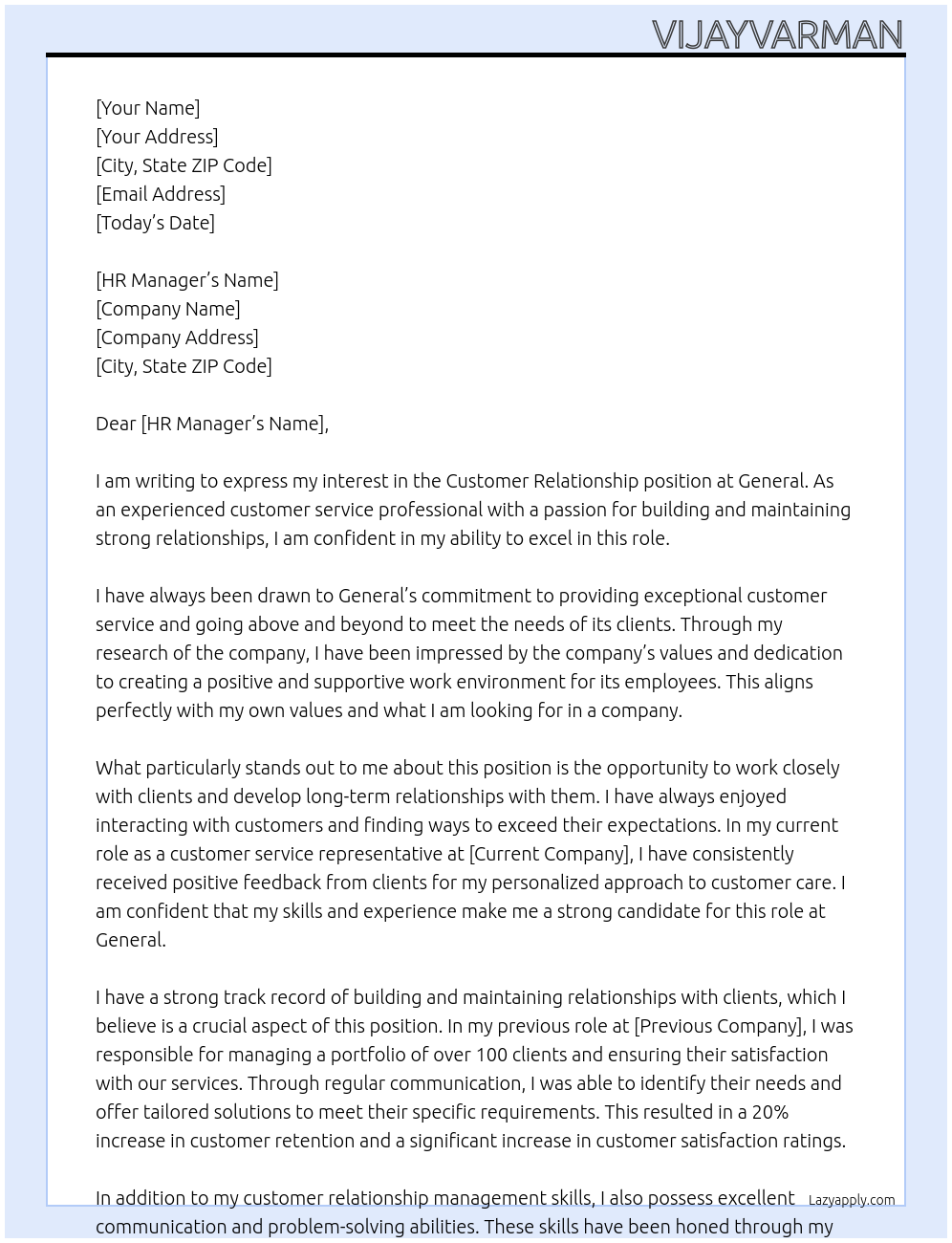 Cover letter for customer relationship - LazyApply