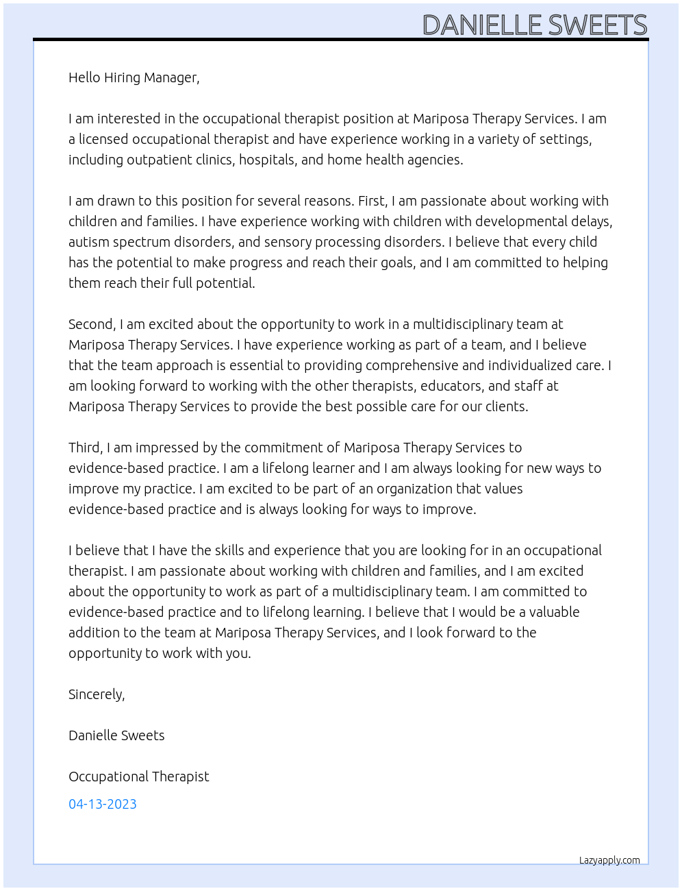 Cover letter for occupational therapist - LazyApply