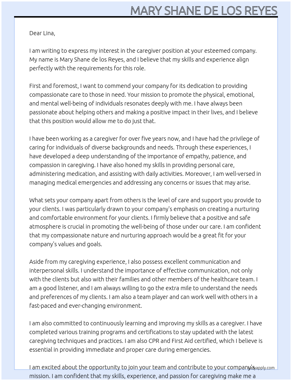 Cover letter for caregiver - LazyApply