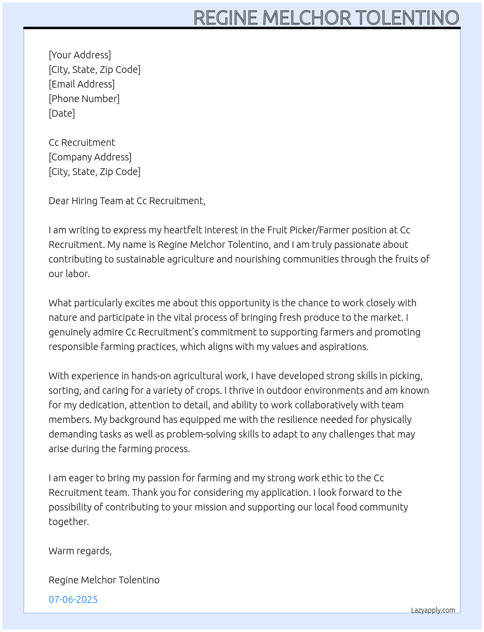 Cover letter for fruit picker /farmer - LazyApply