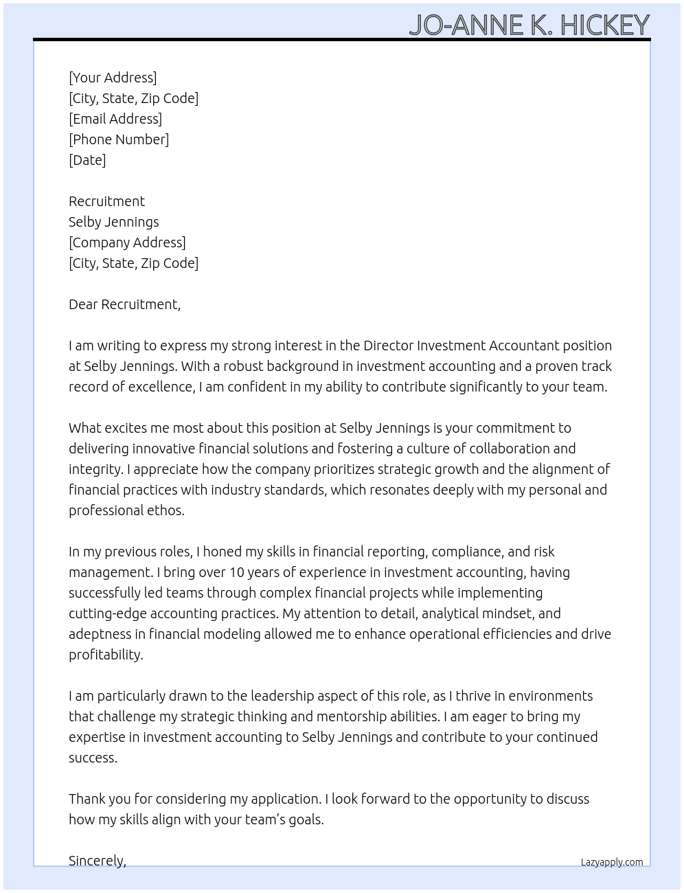 Cover letter for director investment accountant - LazyApply