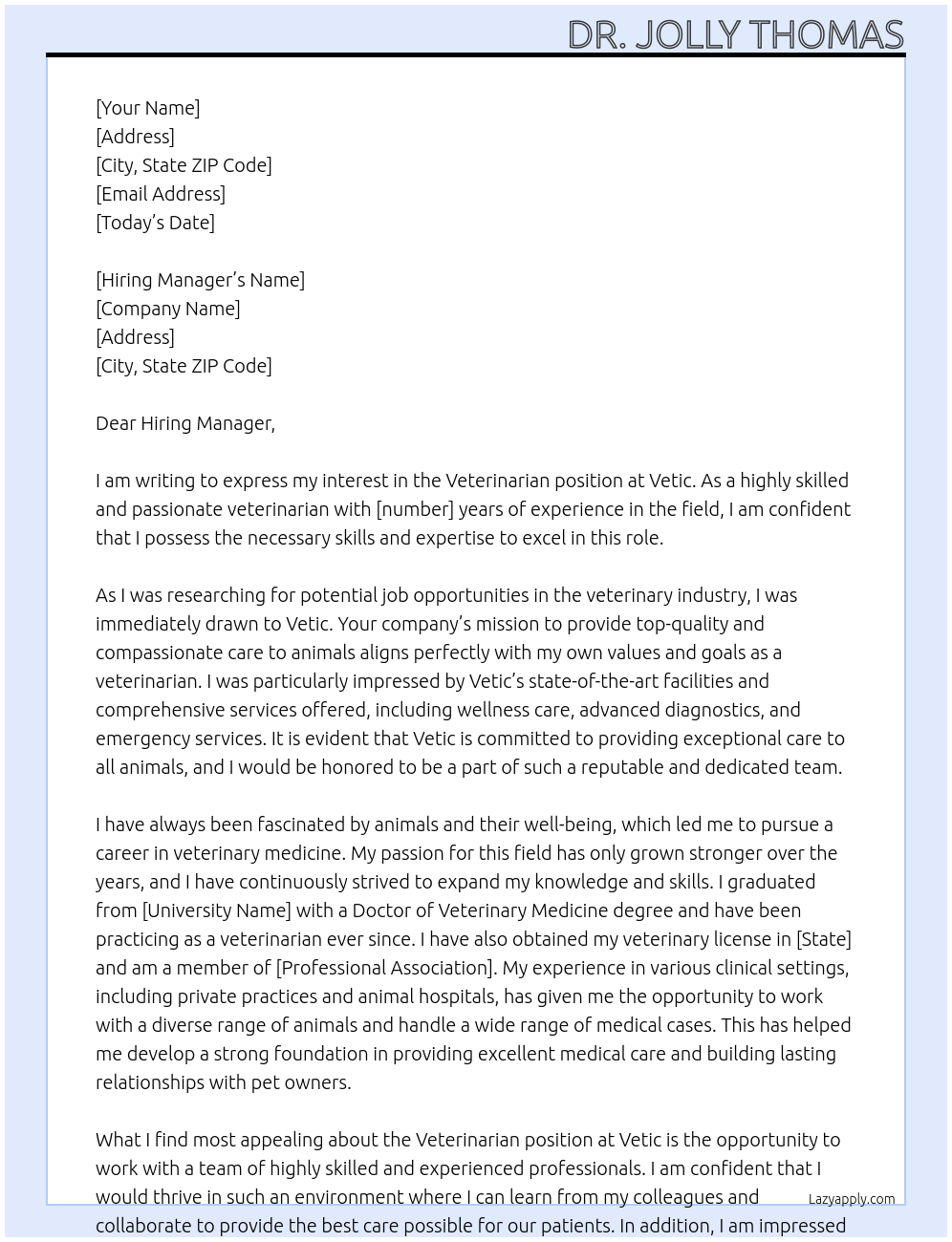 Cover letter for veterinarian - LazyApply