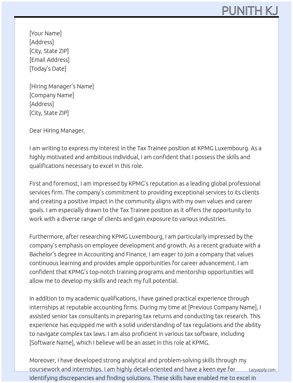 Cover letter for tax trainee - LazyApply