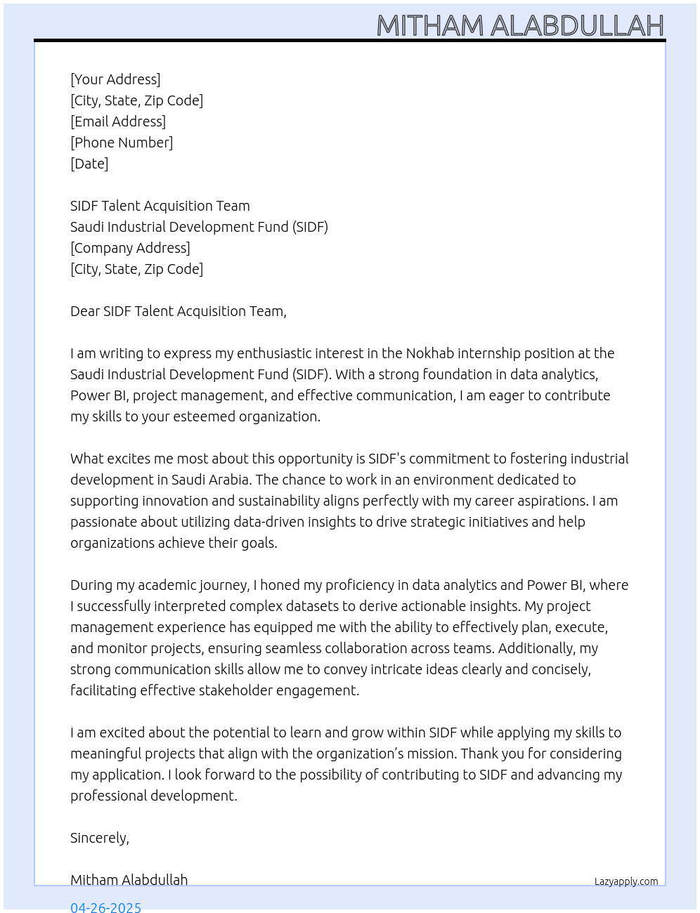 Cover letter for nokhab candidate - LazyApply