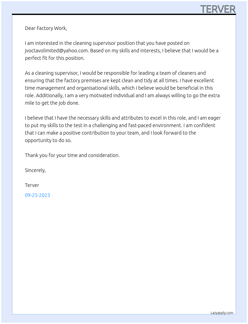 Cover letter for cleaning supervisor - LazyApply
