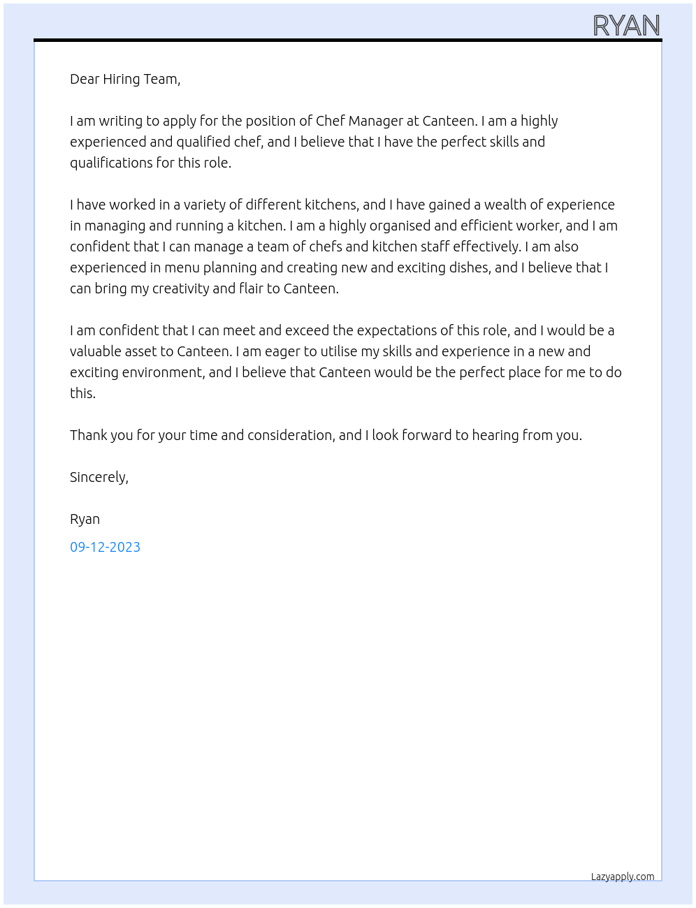 Cover letter for chef manager - LazyApply